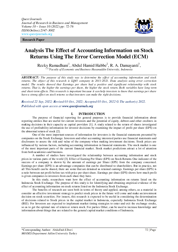 Pdf Analysis The Effect Of Accounting Information On Stock Returns Using The Error Correction