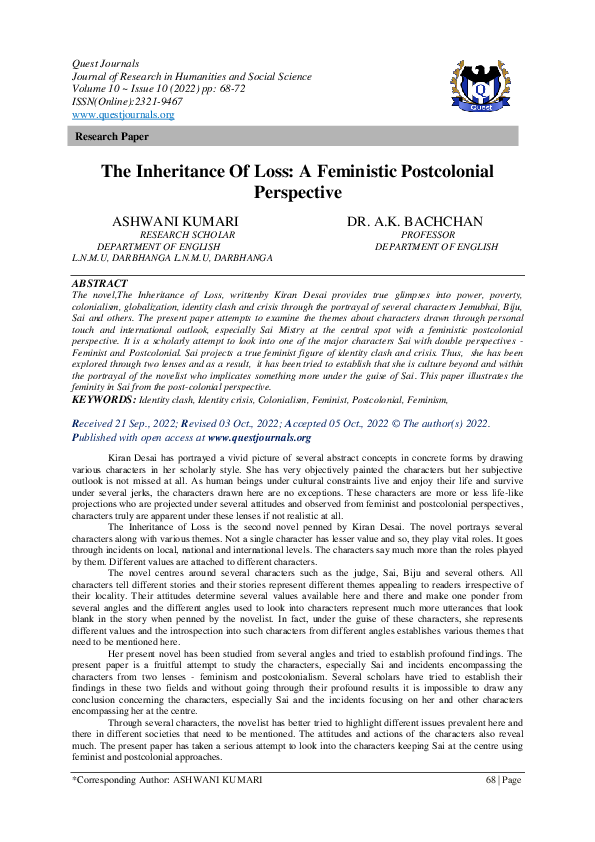 (PDF) The Inheritance Of Loss: A Feministic Postcolonial Perspective