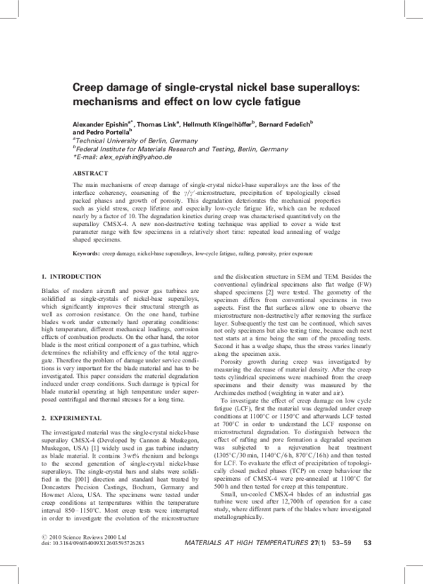 (PDF) Creep damage of single-crystal nickel base superalloys: mechanisms and effect on low cycle ...