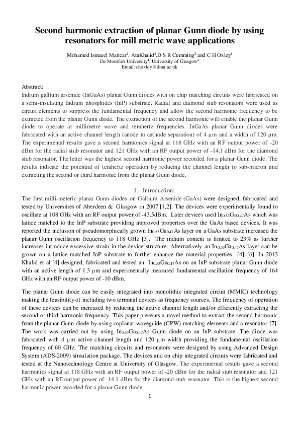 (PDF) Second harmonic extraction of planar Gunn diode by using resonators for milli-metric ...