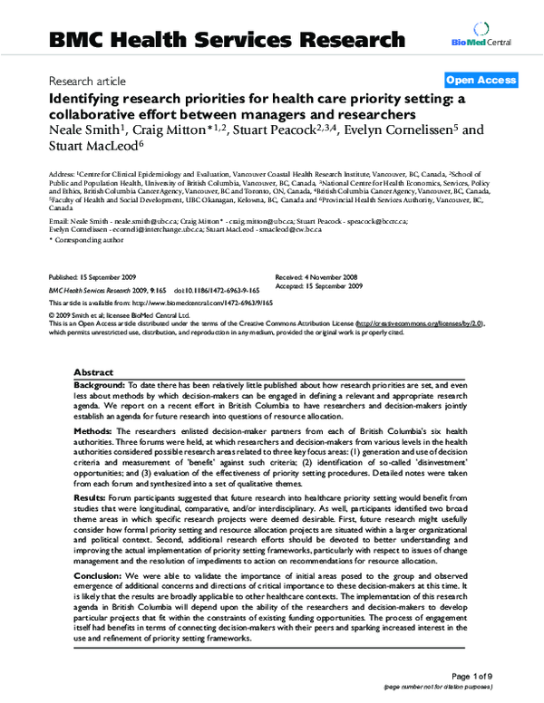 (PDF) Identifying research priorities for health care priority setting ...