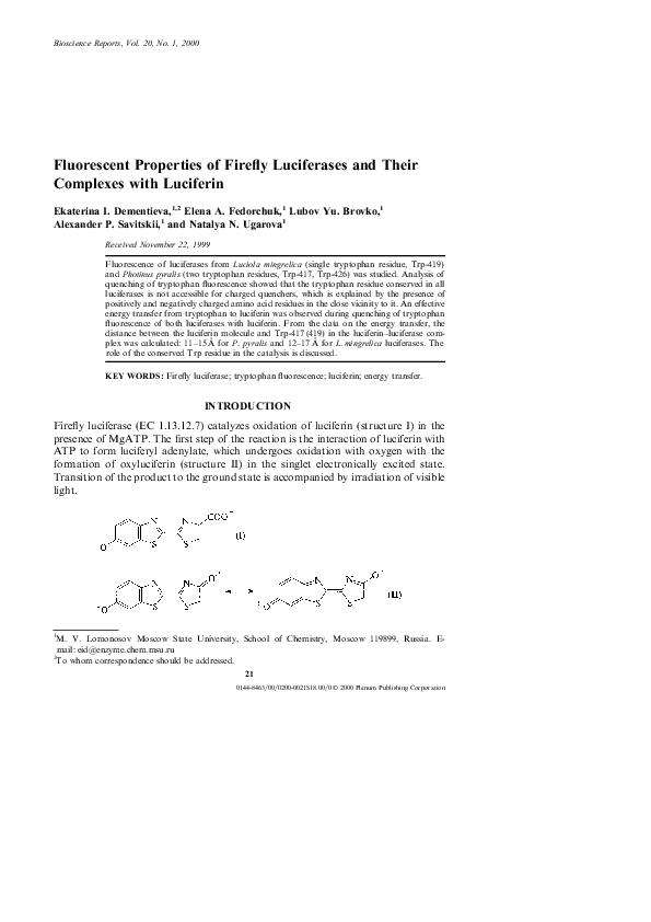 (PDF) Fluorescent properties of firefly luciferases and their complexes ...