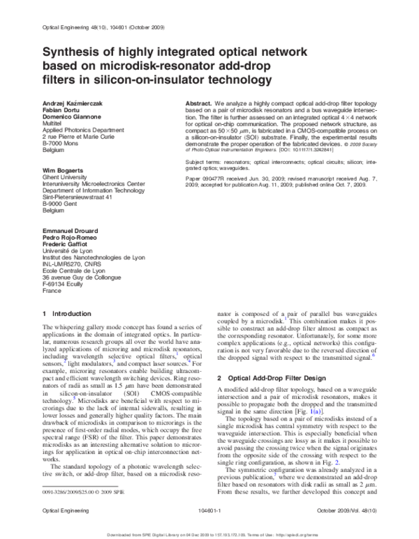 (PDF) Synthesis of highly integrated optical network based on microdisk ...