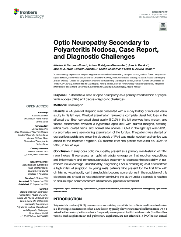 (PDF) Optic Neuropathy Secondary to Polyarteritis Nodosa, Case Report, and Diagnostic Challenges