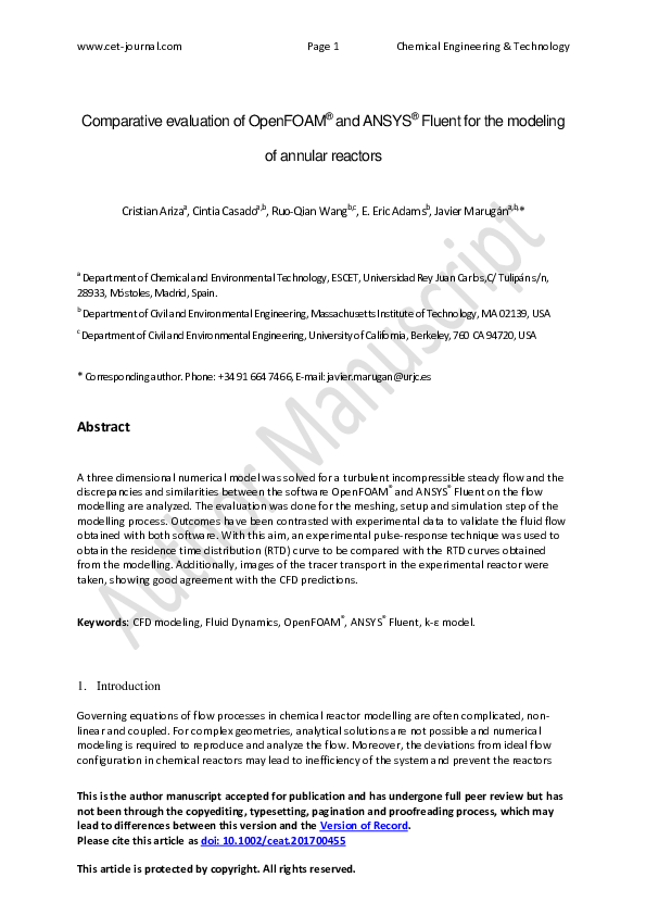(PDF) Comparative Evaluation of OpenFOAM® and ANSYS® Fluent for the Modeling of Annular Reactors