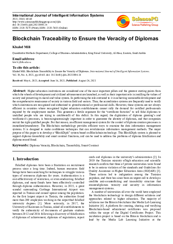 Pdf Blockchain Traceability To Ensure The Veracity Of Diplomas