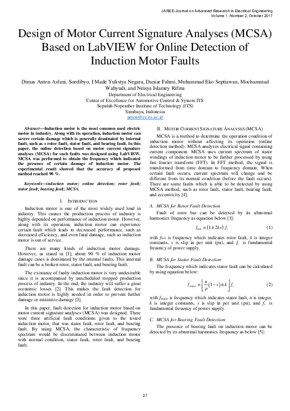 (PDF) Design of Motor Current Signature Analyses (MCSA) Based on LabVIEW for Online Detection of ...