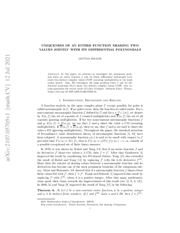 Pdf Uniqueness Of An Entire Function Sharing Two Values Jointly With
