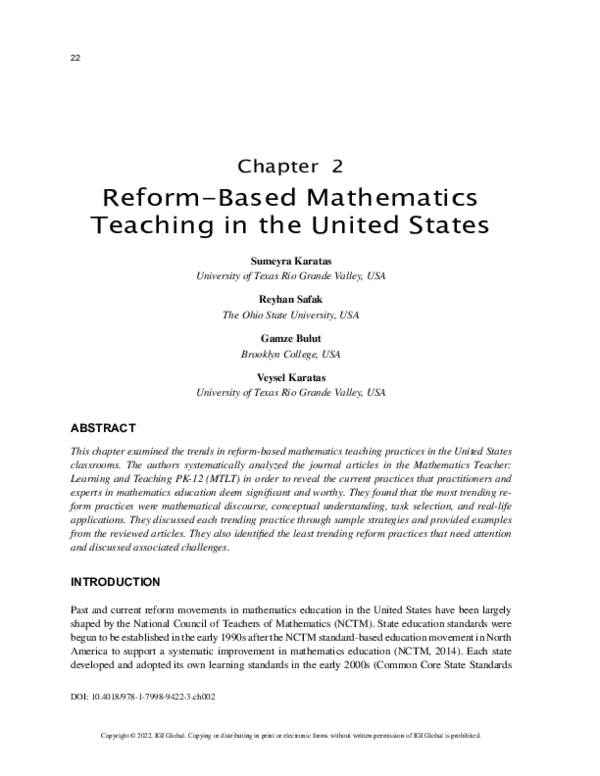 (PDF) Reform-Based Mathematics Teaching in the United States | Sumeyra ...