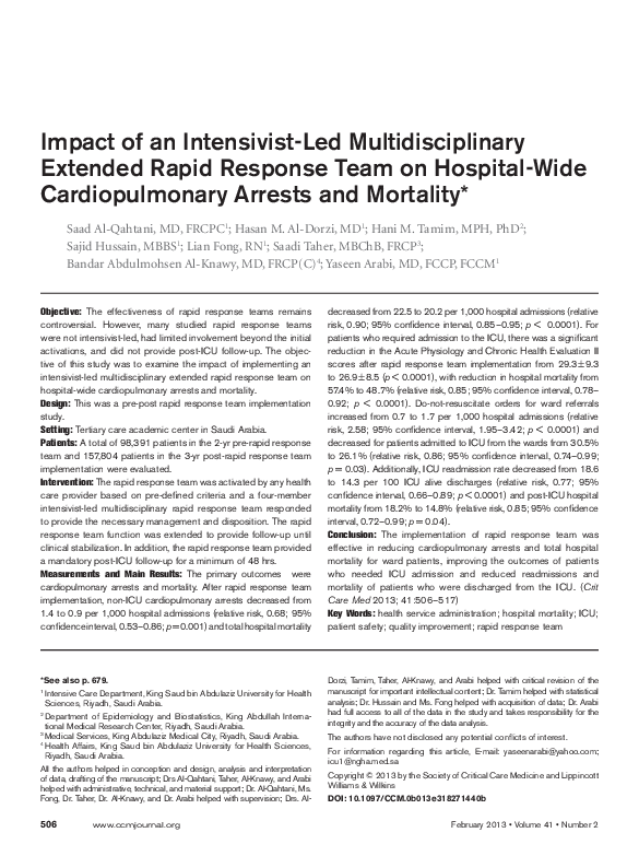 (PDF) Impact of an Intensivist-Led Multidisciplinary Extended Rapid ...