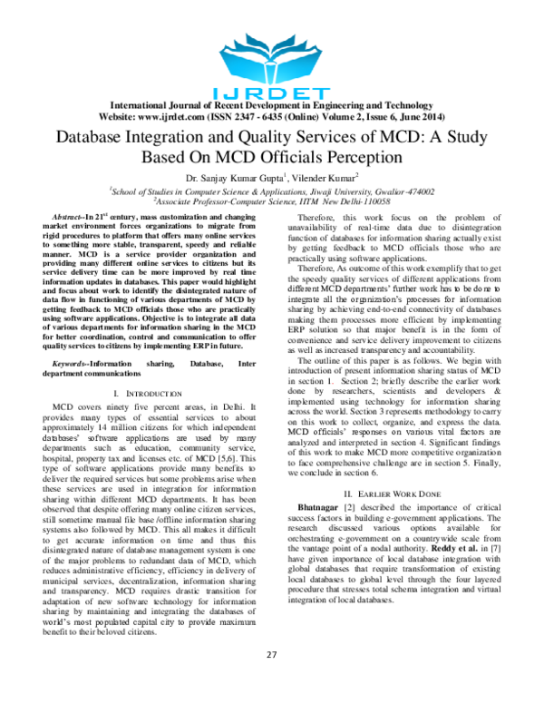 (PDF) Database Integration and Quality Services of MCD: A Study Based ...
