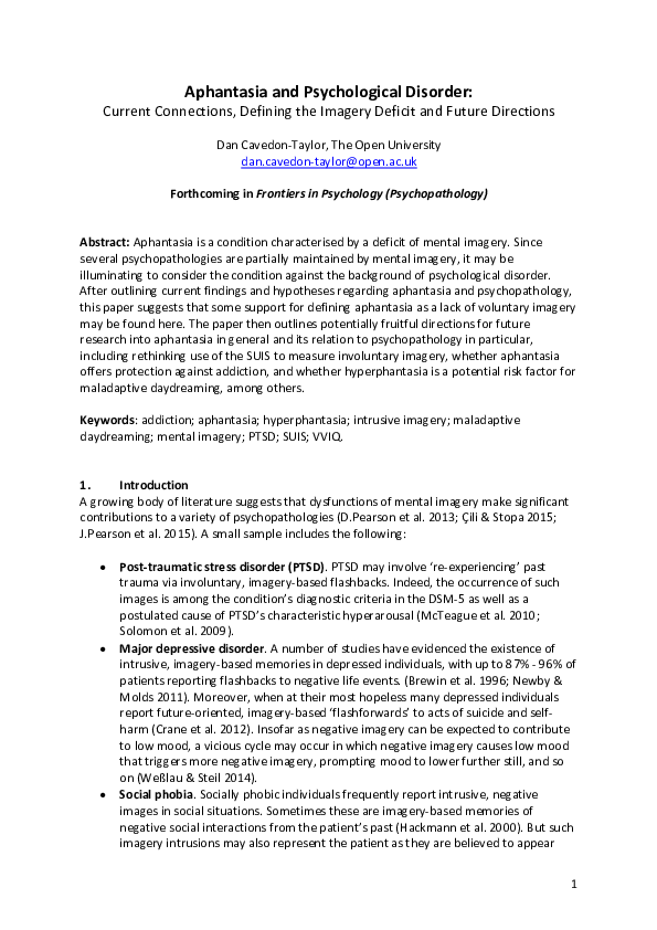 (PDF) Aphantasia and Psychological Disorder: Current Connections ...