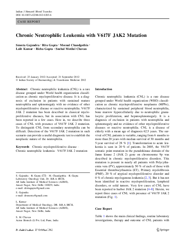 (PDF) Chronic Neutrophilic Leukemia with V617F JAK2 Mutation | Lalit Kumar - Academia.edu