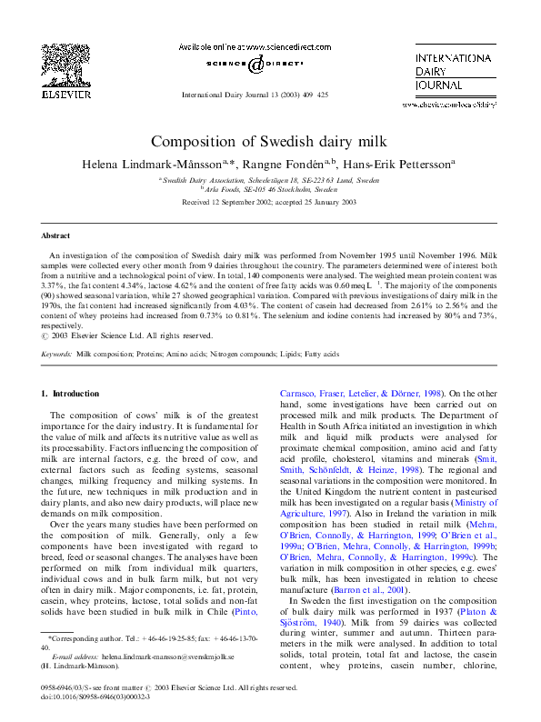 (PDF) Composition of Swedish dairy milk