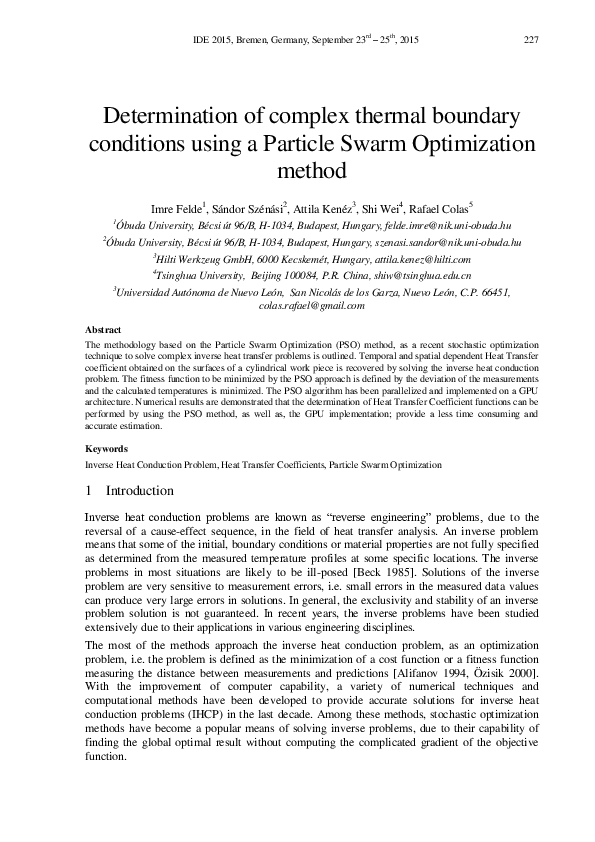 Pdf Determination Of Complex Thermal Boundary Conditions Using A Particle Swarm Optimization