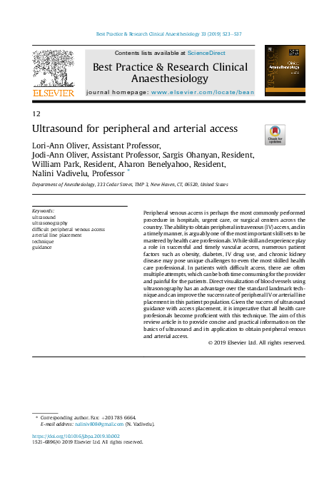 (PDF) Ultrasound for peripheral and arterial access