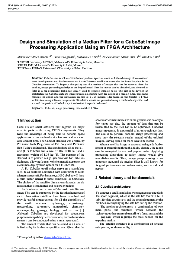 (PDF) Design and Simulation of a Median Filter for a CubeSat Image Processing Application Using ...
