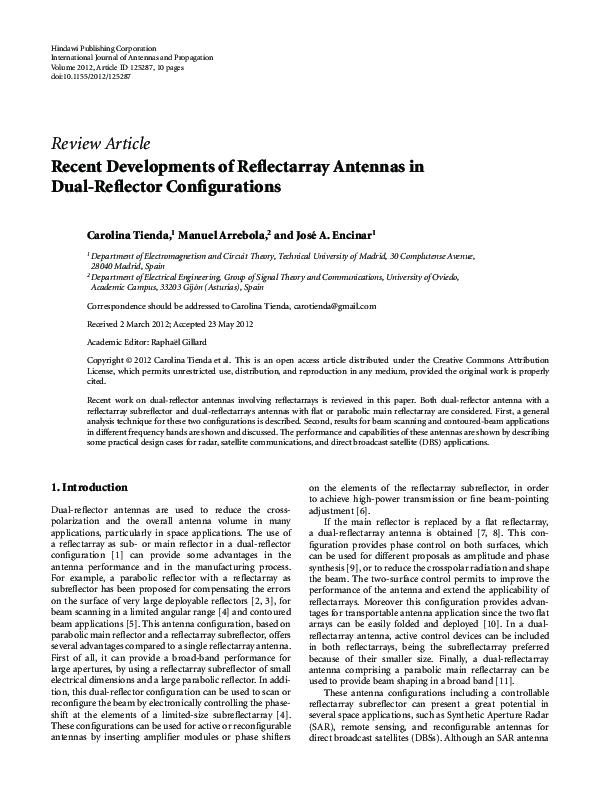 (PDF) Recent Developments of Reflectarray Antennas in Dual-Reflector Configurations