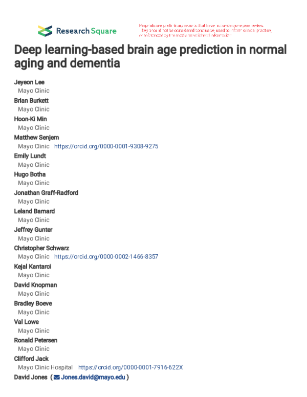 Pdf Deep Learning Based Brain Age Prediction In Normal Aging And Dementia