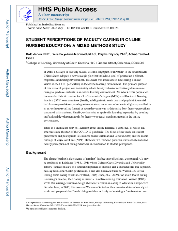 (PDF) Student perceptions of faculty caring in online nursing education ...