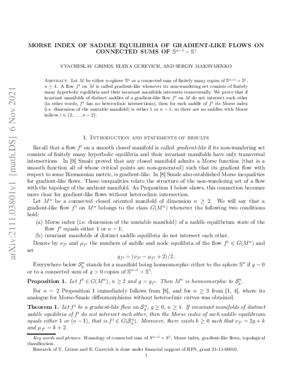(PDF) Morse Index of Saddle Equilibria of Gradient-Like Flows on Connected Sums of $$\mathbb S ...