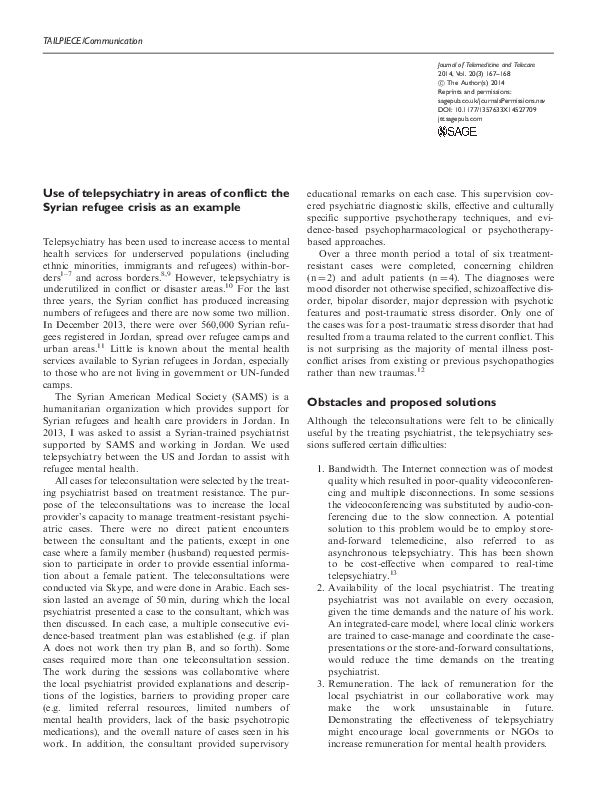 (PDF) Use of telepsychiatry in areas of conflict: the Syrian refugee ...
