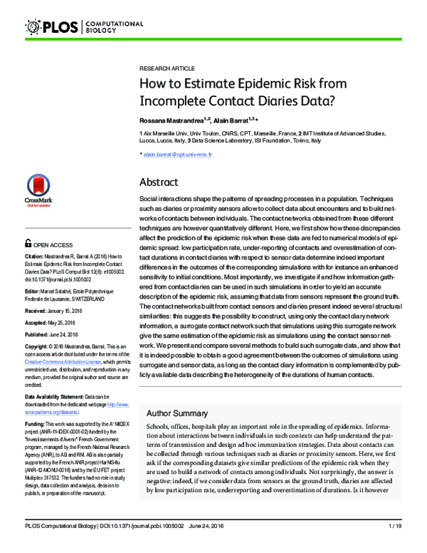 (PDF) How to Estimate Epidemic Risk from Incomplete Contact Diaries Data?