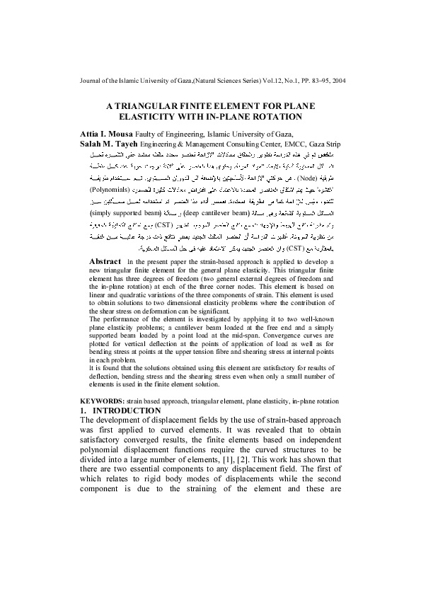(PDF) Atriangular Finite Element for Plane Elasticity with In- Plane Rotation