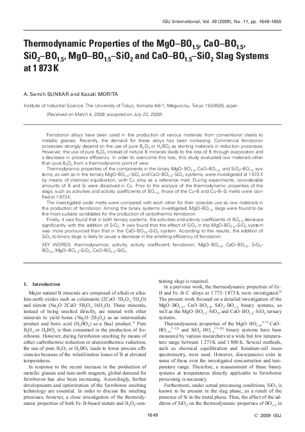 (PDF) Thermodynamic Properties of the MgO–BO1.5, CaO–BO1.5, SiO2–BO1.5 ...