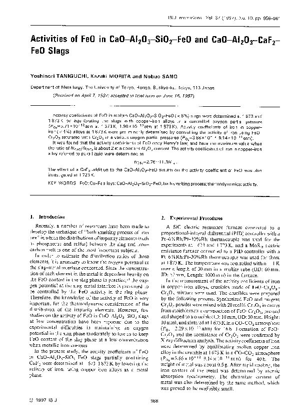 (PDF) Activities of FeO in CaO-Al2O3-SiO2-FeO and CaO-Al2O3-CaF2-FeO Slags
