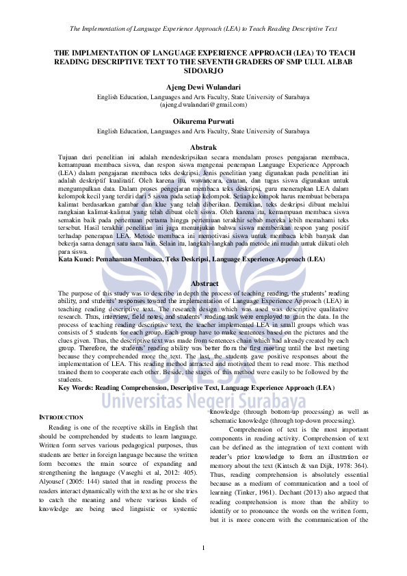 (PDF) The Implmentation of Language Experience Approach (Lea) to Teach ...