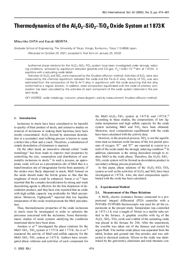 (PDF) Thermodynamics of the Al2O3-SiO2-TiOX Oxide System at 1873 K ...