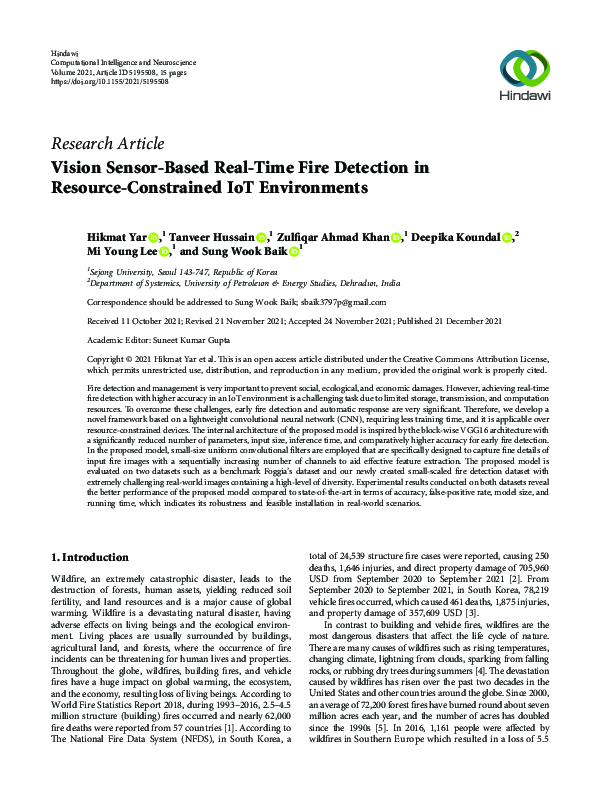 Pdf Vision Sensor Based Real Time Fire Detection In Resource Constrained Iot Environments