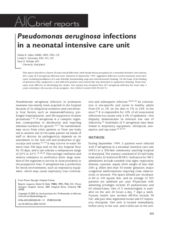 (PDF) Pseudomonas aeruginosa infections in a neonatal intensive care unit