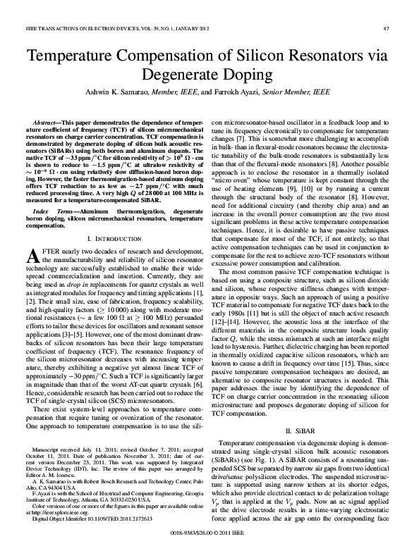 (PDF) Temperature Compensation of Silicon Resonators via Degenerate Doping
