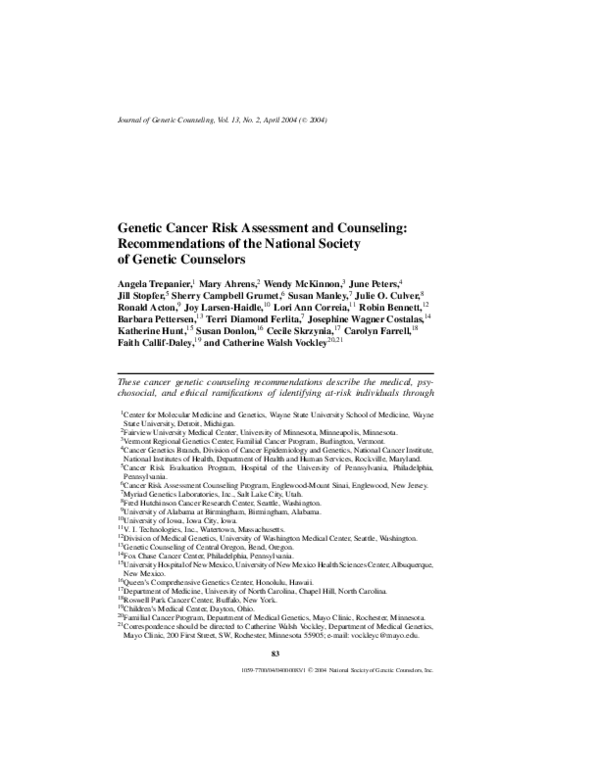 (PDF) Genetic Cancer Risk Assessment and Counseling: Recommendations of ...