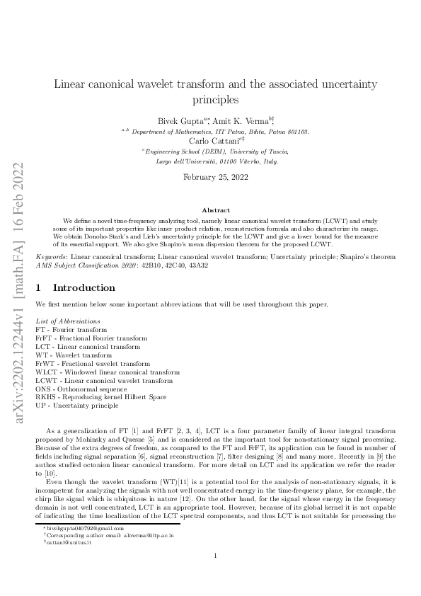 (PDF) Linear canonical wavelet transform and the associated uncertainty principles