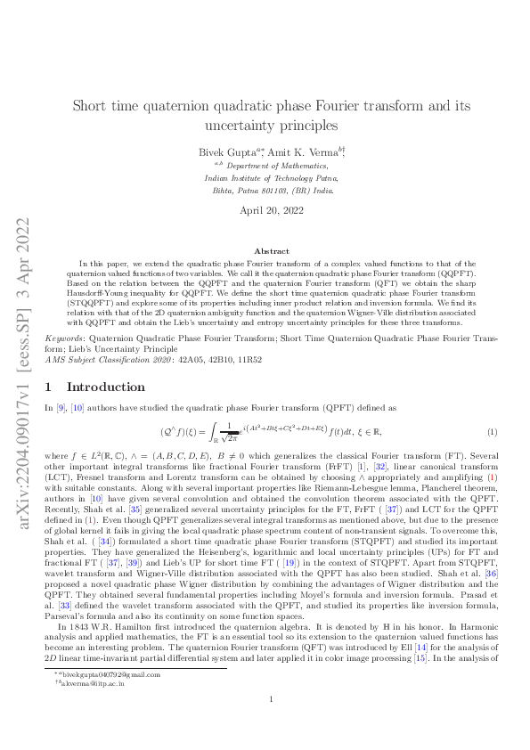 (PDF) Short time quaternion quadratic phase Fourier transform and its uncertainty principles
