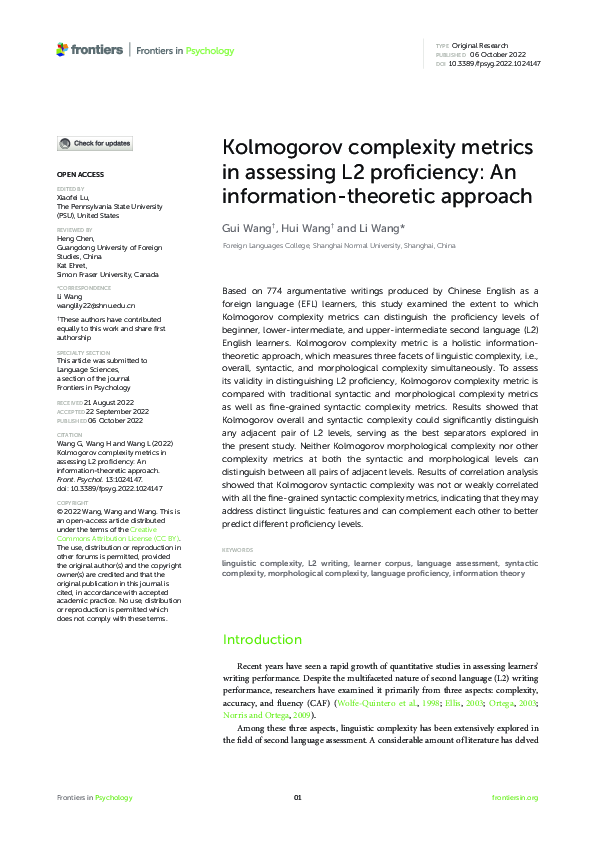 Pdf Kolmogorov Complexity Metrics In Assessing L2 Proficiency An
