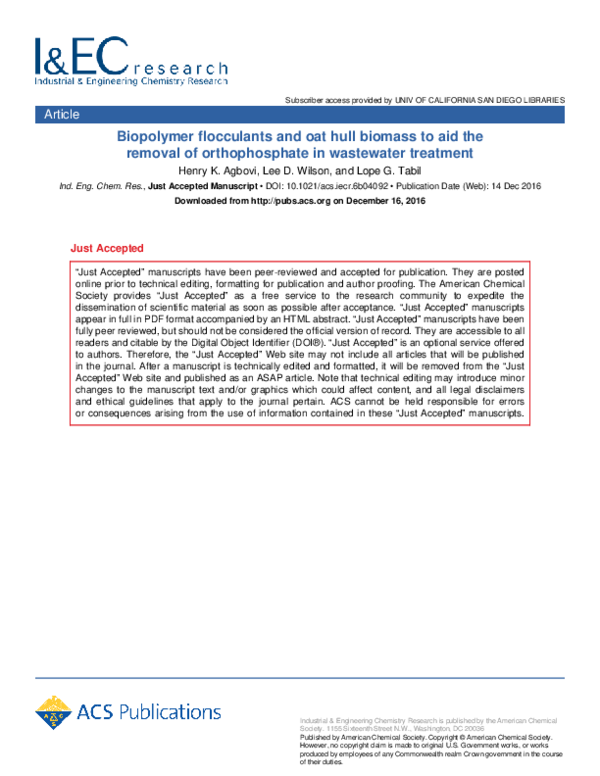 (PDF) Biopolymer Flocculants and Oat Hull Biomass To Aid the Removal of ...