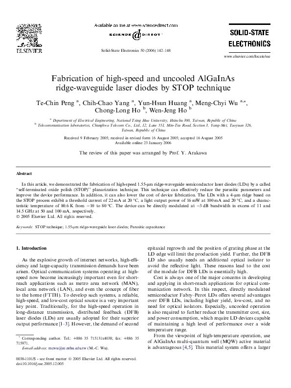 (PDF) Fabrication of high-speed and uncooled AlGaInAs ridge-waveguide laser diodes by STOP ...