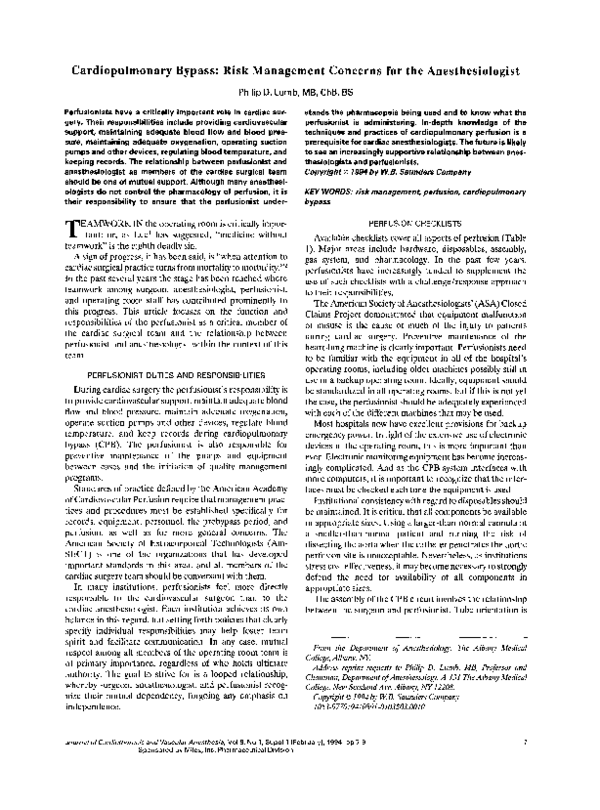 (PDF) Cardiopulmonary bypass: Risk management concerns for the ...