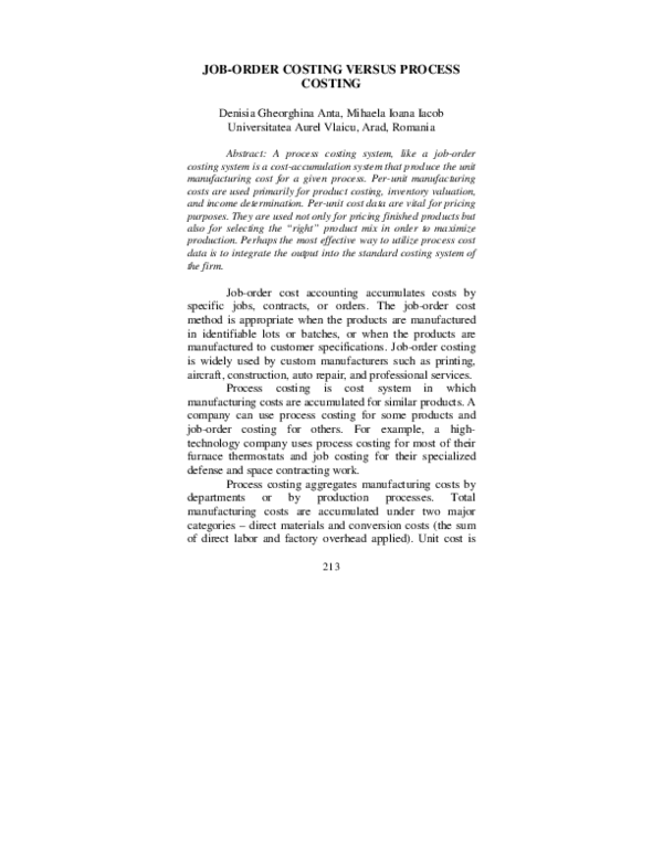 Pdf Job Order Costing Versus Process Costing