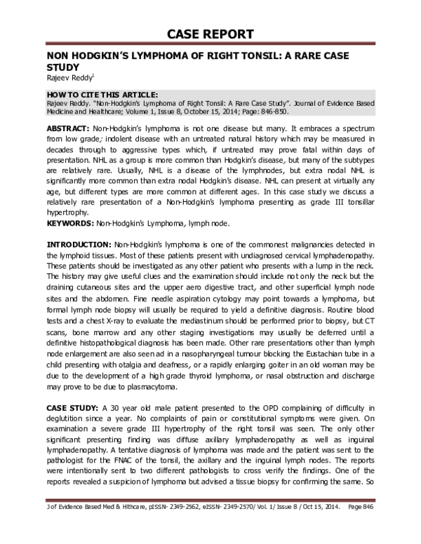 (PDF) Non Hod G Kin ' S Lymphoma of Right Tonsil: A Rare Case Study ...