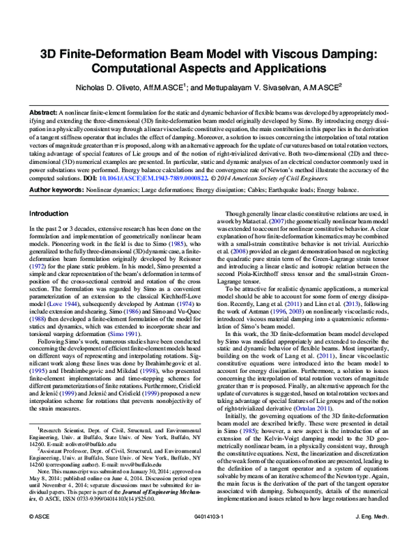 (PDF) 3D Finite-Deformation Beam Model with Viscous Damping: Computational Aspects and Applications