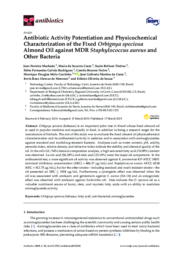 (PDF) Antibiotic Activity Potentiation and Physicochemical Characterization of the Fixed ...