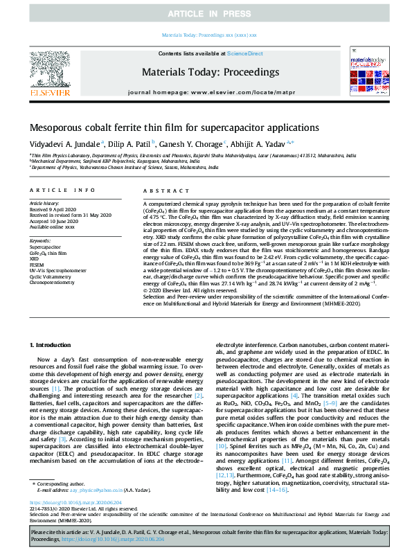 (PDF) Mesoporous cobalt ferrite thin film for supercapacitor ...