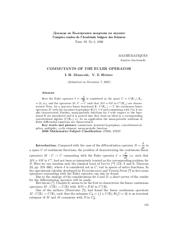 (PDF) Commutants of the Euler Operator