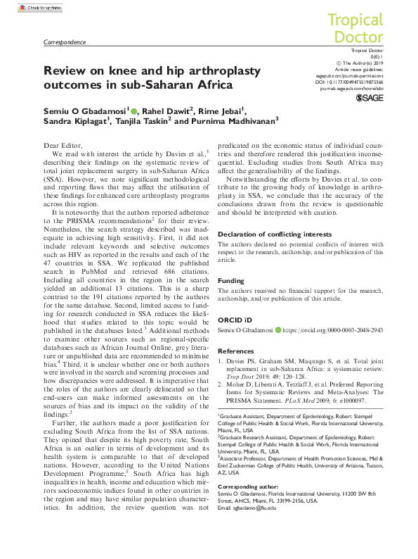(PDF) Review on knee and hip arthroplasty outcomes in sub-Saharan Africa