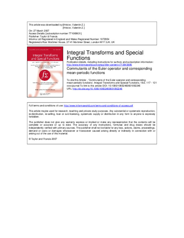 (PDF) Commutants of the Euler operator and corresponding mean-periodic functions